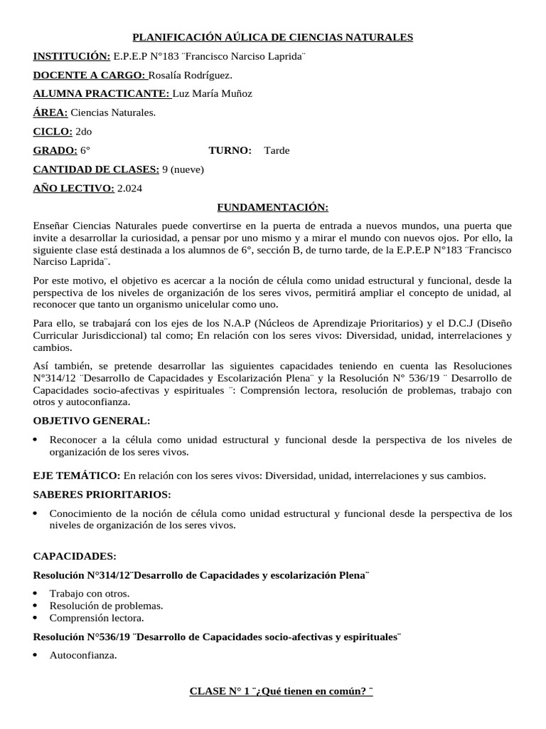 PLANIFICACIÓN AÚLICA DE CIENCIAS NATURALES de 6to_060956 | PDF | Biología Celular) | Evaluación