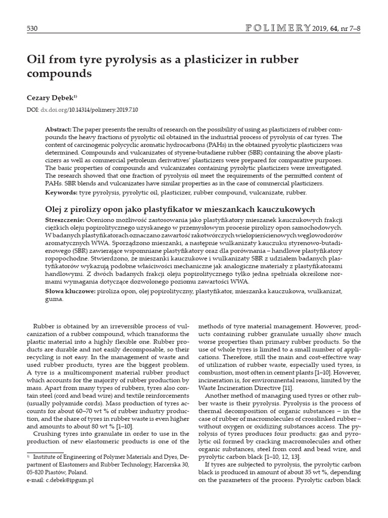Rubber Pyrolysis Oil as Plasticizer | PDF | Pyrolysis | Polycyclic Aromatic Hydrocarbon
