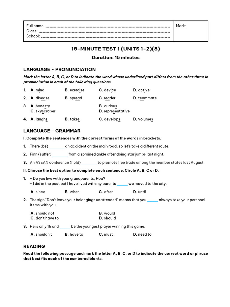 15-Minute Language Test for Students | PDF | Adolescence | Cognition