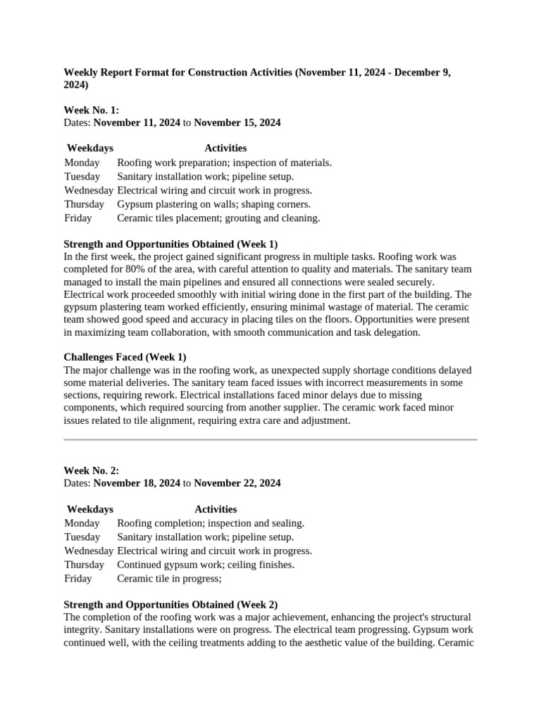 Yalew Internship Work Weekly Report Format For Construction Activities ...