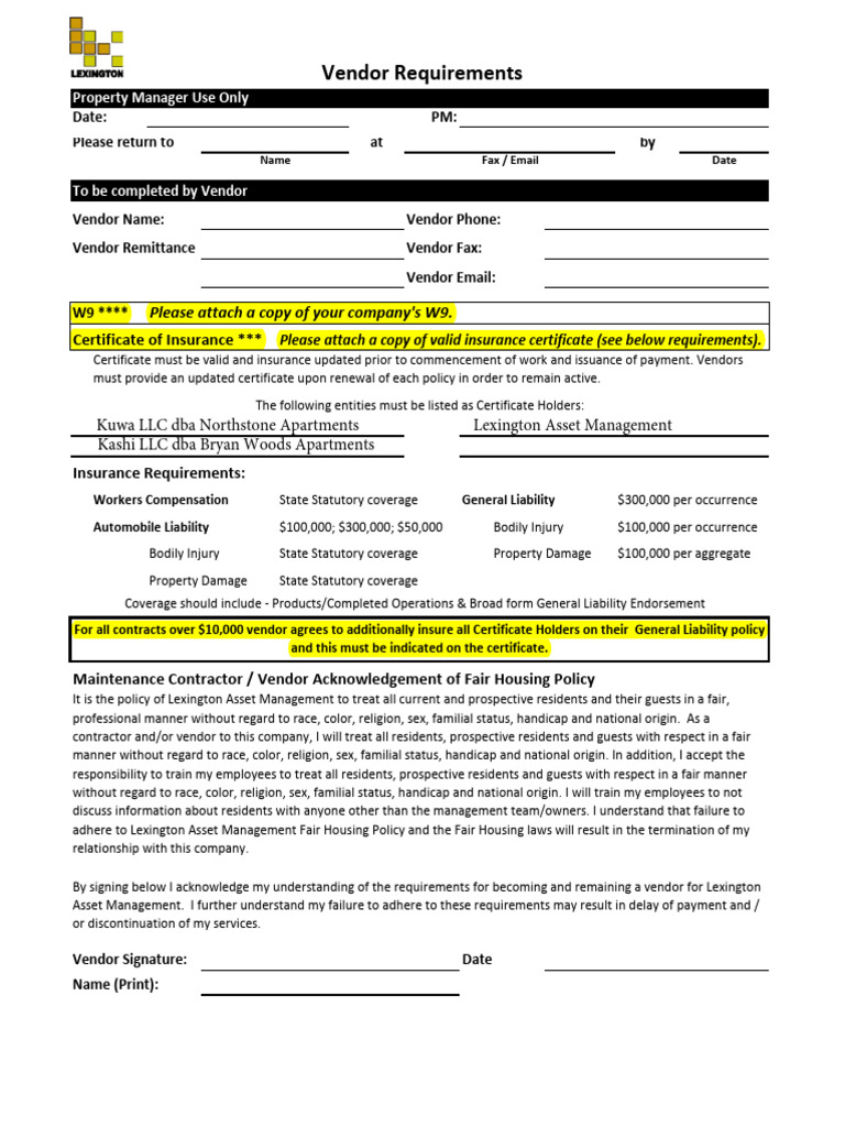Vendor Requirements for Lexington Asset Management | PDF | Liability ...