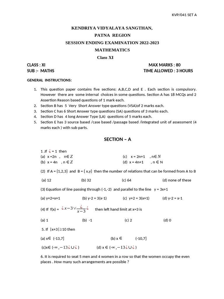 Class XI Math Exam Paper | PDF | Mathematics | Mathematical Analysis