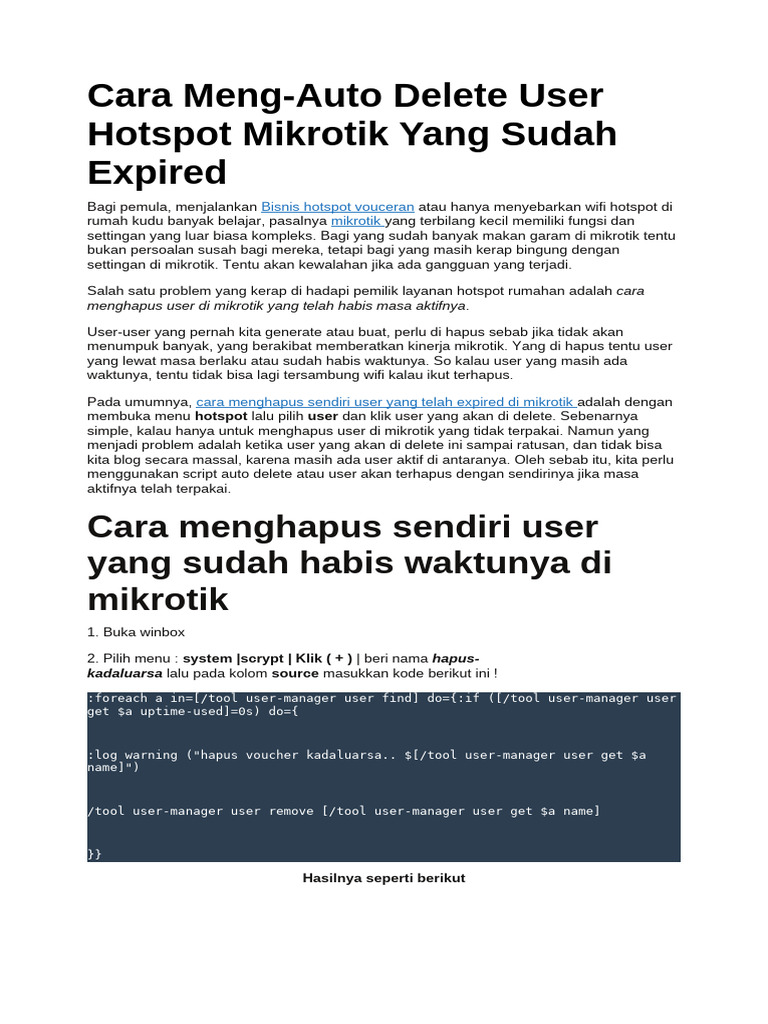 Cara Meng-Auto Delete User Hotspot Mikrotik Yang Sudah Expired | PDF