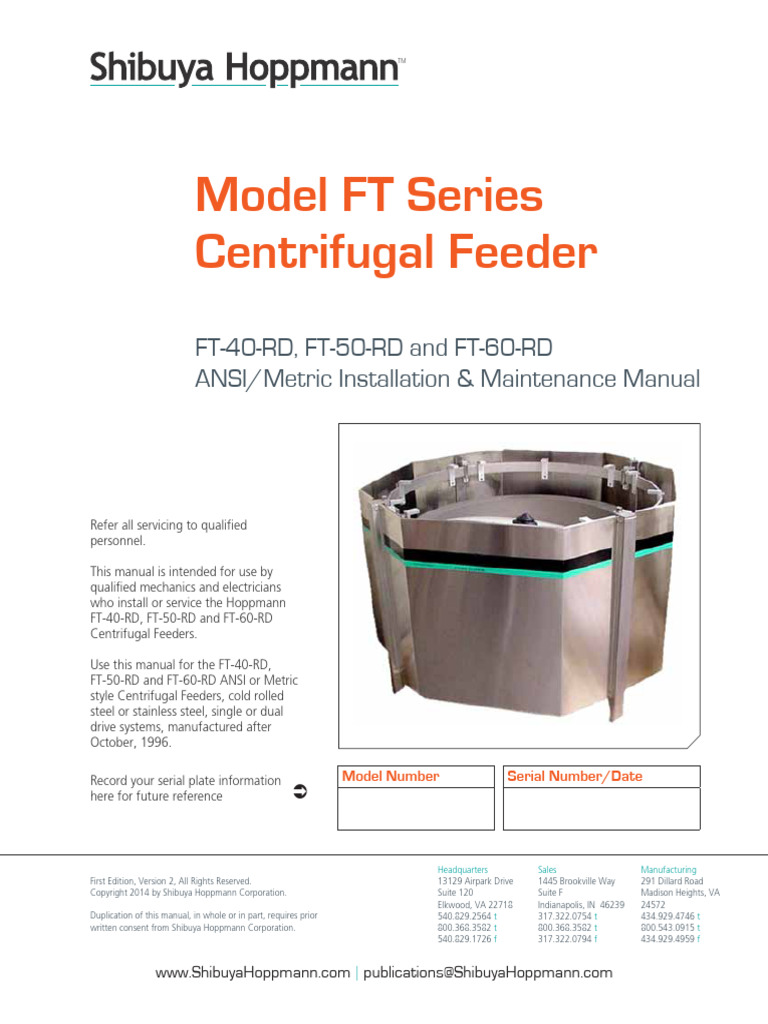 FT 50 Standard Cenntrifugal Feeder Installatioon Maintenance Manual ...