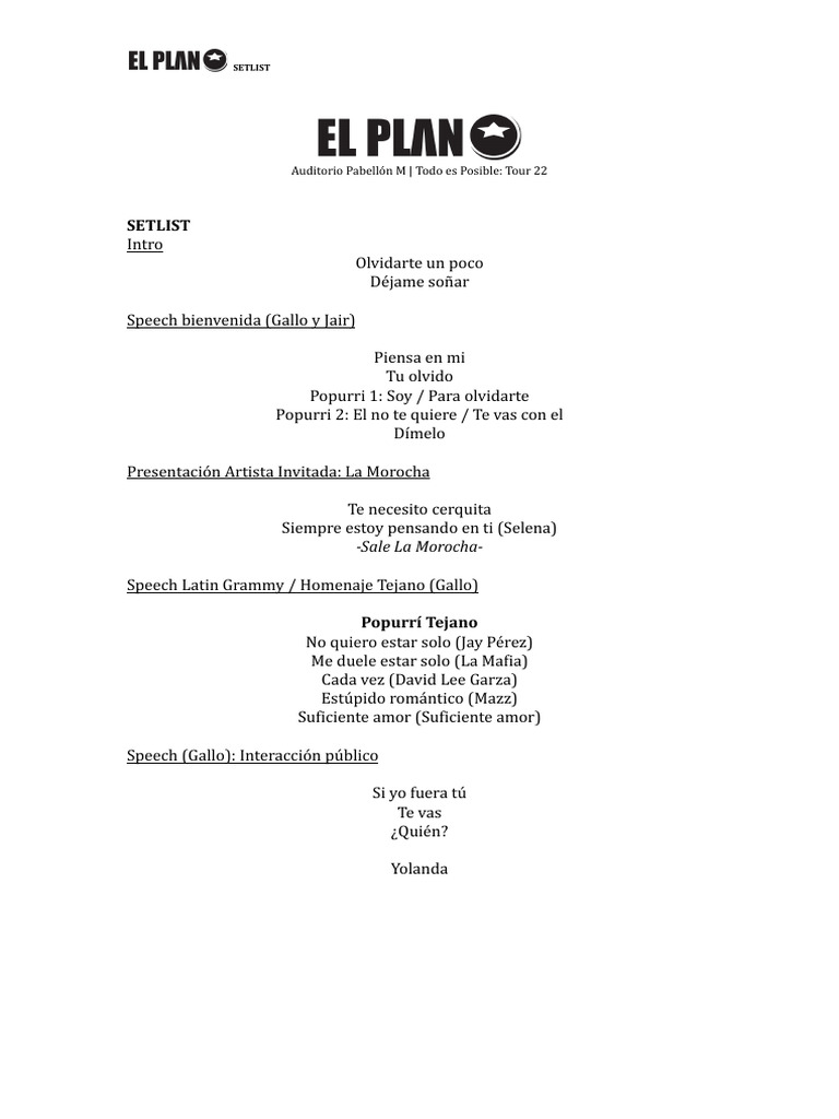 Setlist El Plan Auditorio Pabellón M - Documentos de Google | PDF | Musica en español | Musica ...