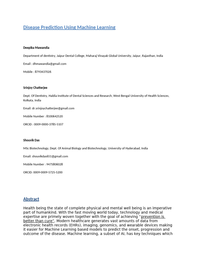 Deepika - Disease Prediction Using Machine Learning | PDF | Machine ...