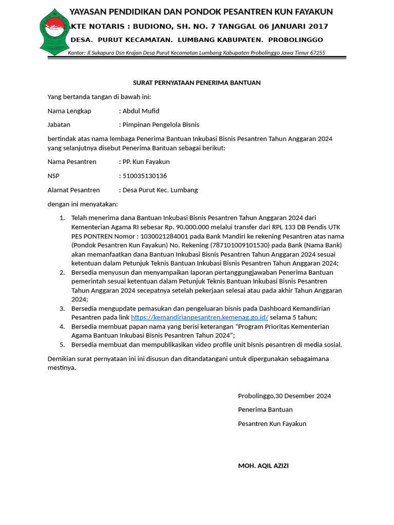Surat Pernyataan Bantuan Pesantren 2024 | PDF