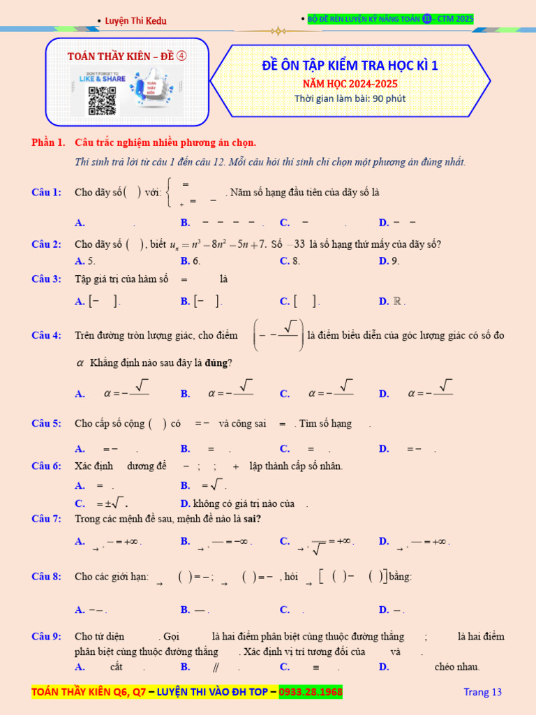 ĐỀ SỐ 4 KTra HK1 - Toán 11 - CTST - Form 2025 TTK Q6 Q7 ĐỀ HS | PDF