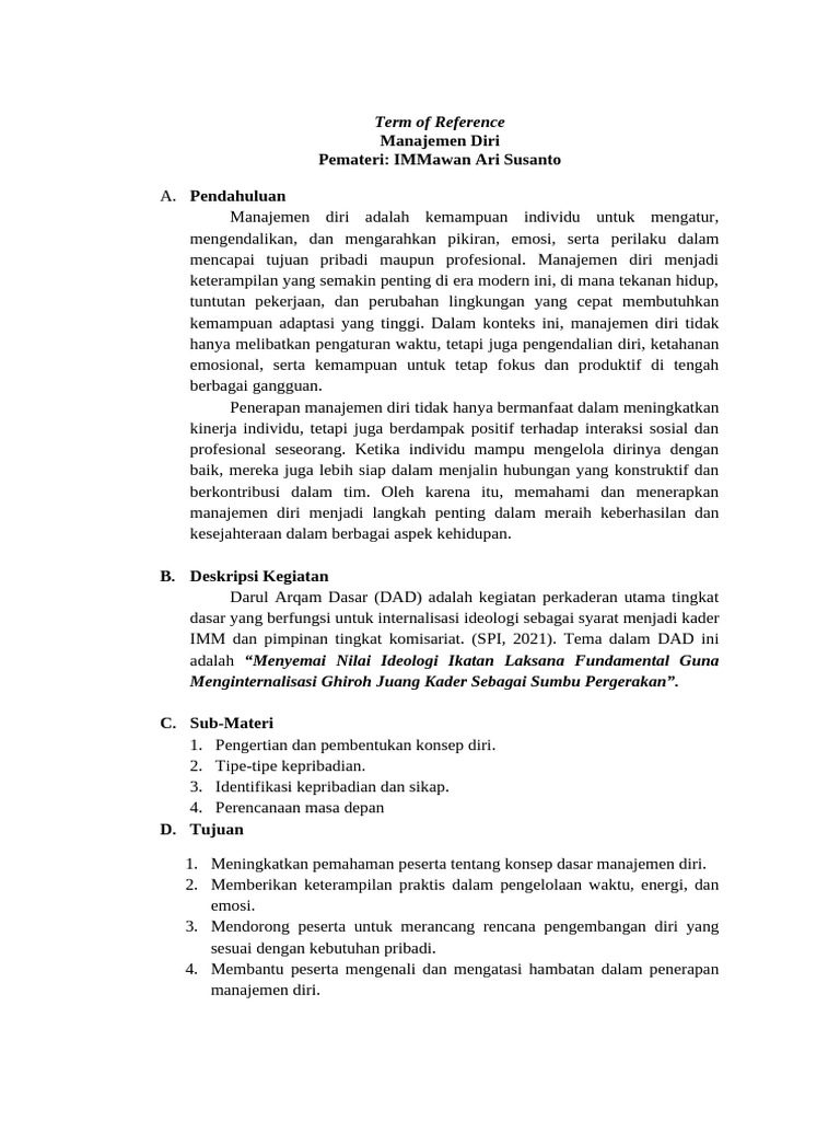 Manajemen Diri: Kunci Sukses DAD IMM | PDF