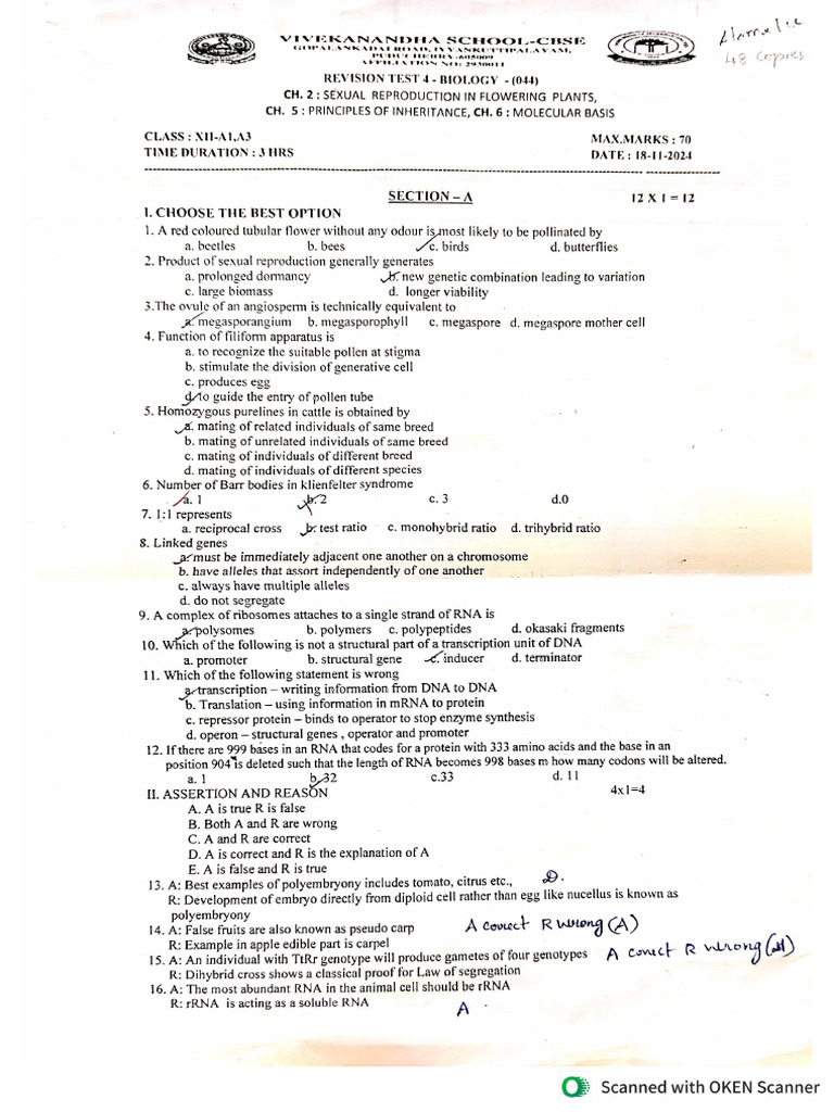 Xii Rev 4 Bio Ans Key | PDF