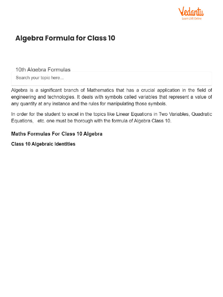 Algebra Formula For Class 10 | PDF