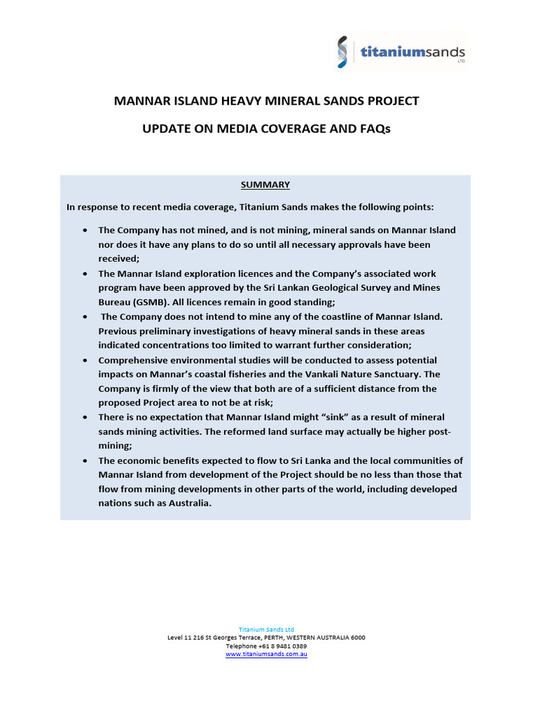Srilanka Mannar - Illmenite Sand | PDF | Mining | Water