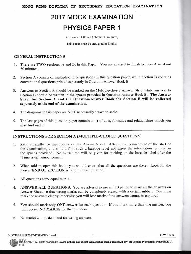 Mockpaper 2017-Dse-Phy 1a | PDF