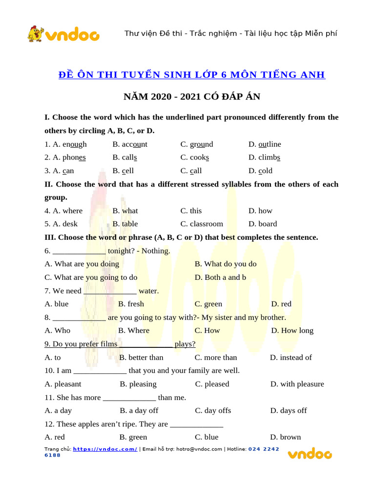 De Luyen Thi Vao Lop 6 Mon Tieng Anh Nam 2020 2021 So 5 | PDF | Linguistics