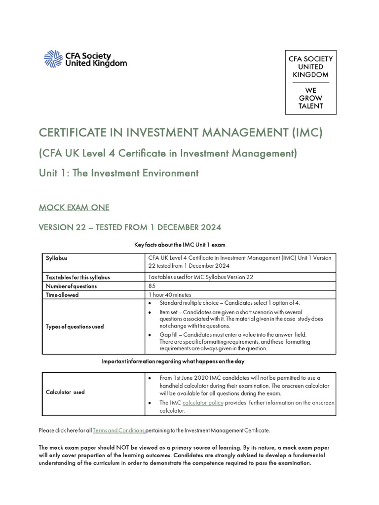 Imc Unit 1 Mock Exam 1 v22 | PDF | Capital Gain | Taxes