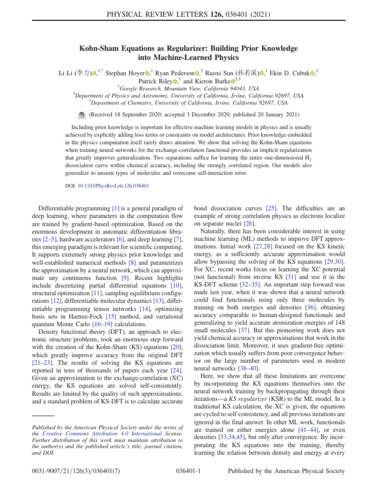 Kohn-Sham Equations as Regularizer -- Building Prior Knowledge into Machine-Learned Physics ...