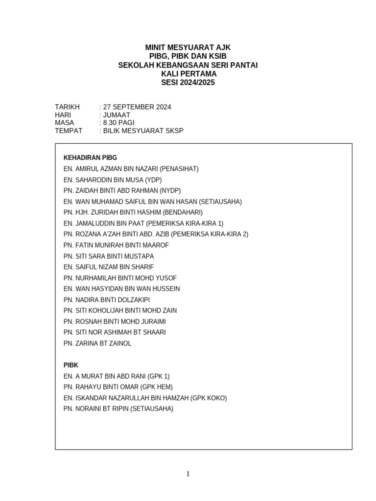 MINIT MESYUARAT PIBG KALI PERTAMA 2024 2025 | PDF