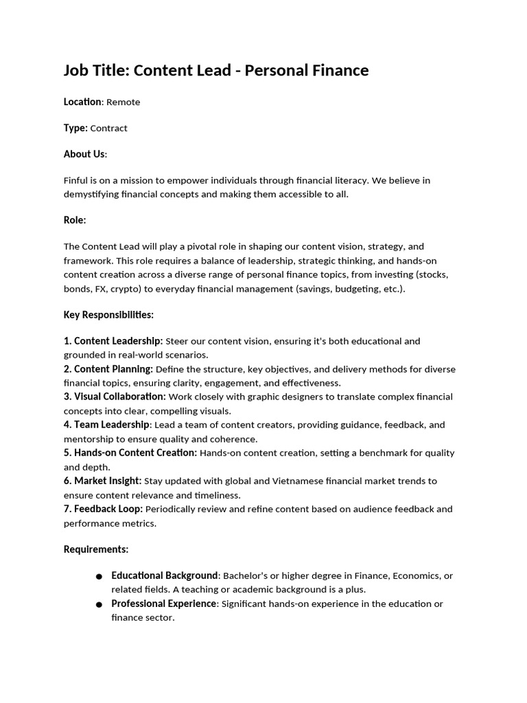 JD - Content Lead - Personal Finance | PDF | Leadership | Human ...