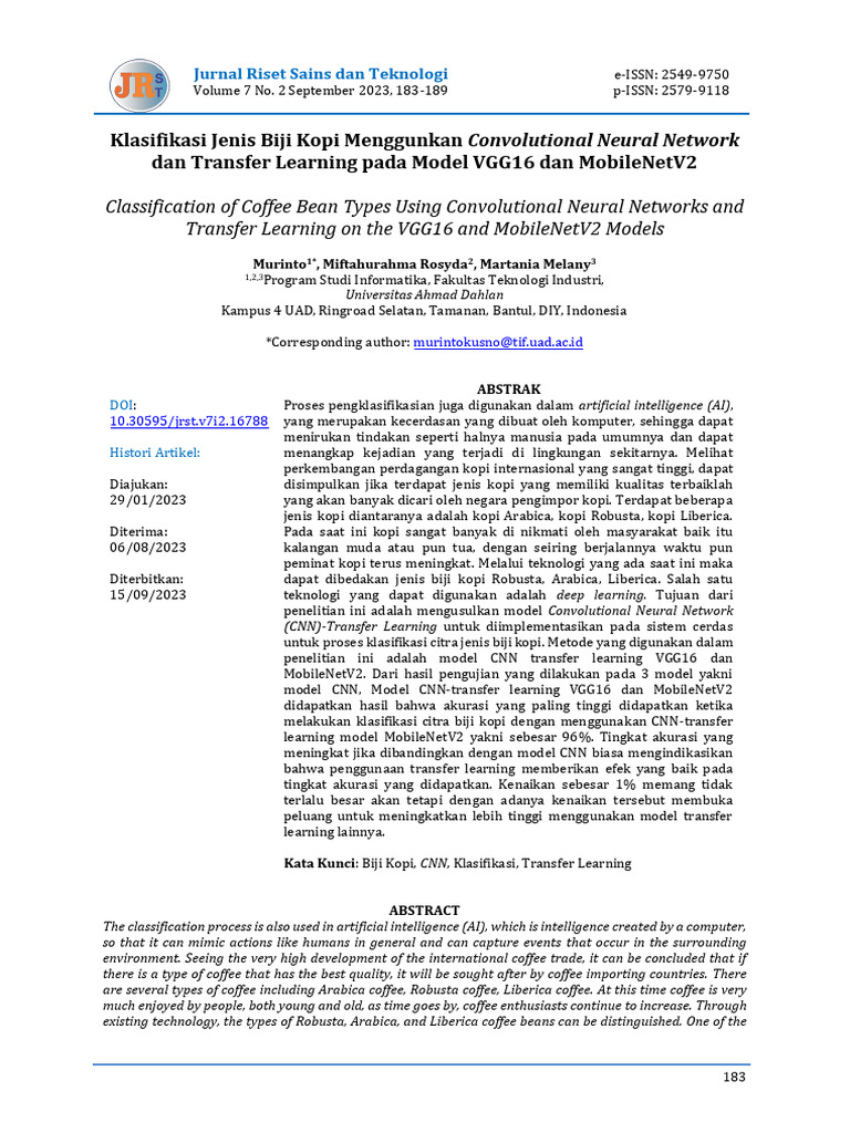 Klasifikasi Jenis Biji Kopi Menggunkan Convolutional Neural Network dan Transfer Learning pada ...