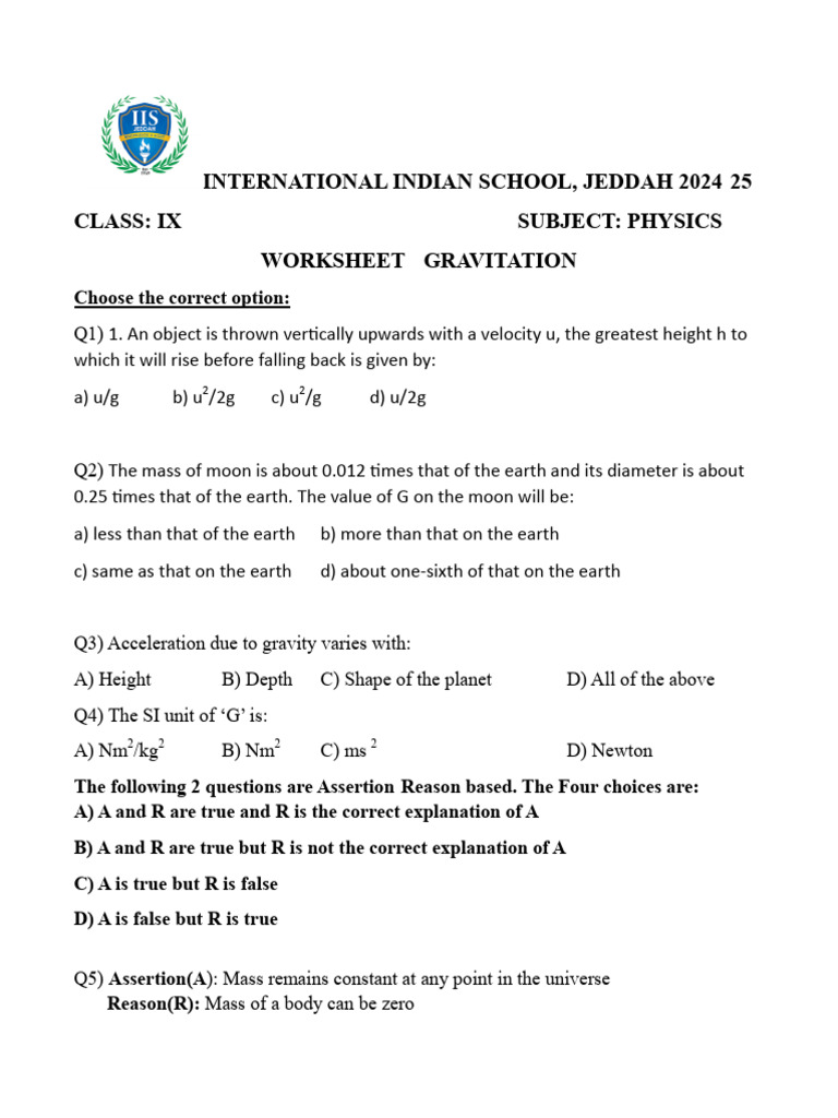 Class IX Physics Worksheet on Gravitation | PDF