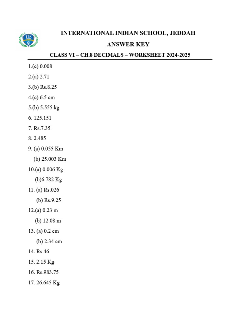VI -CH.8 DECIMALS - ANSWER KEY | PDF