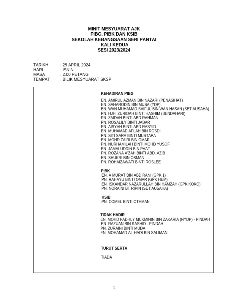 MINIT MESYUARAT PIBG KALI KEDUA 2023 2024 | PDF