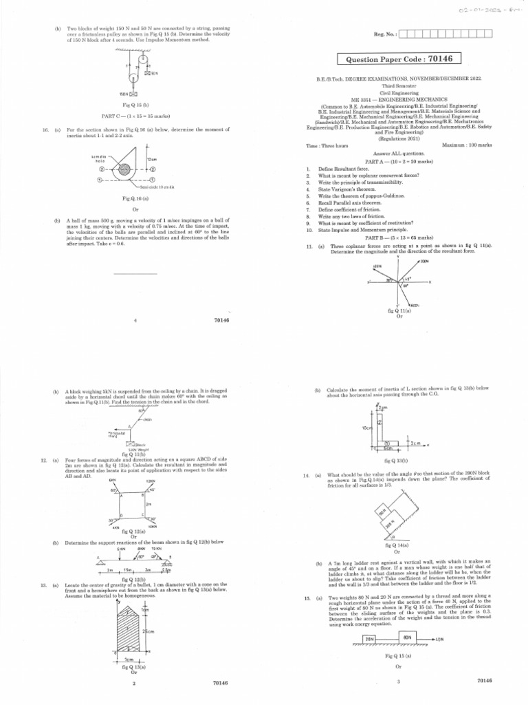 Engineering Mechanics - ME3351 2021 Regulation - Semester Question ...