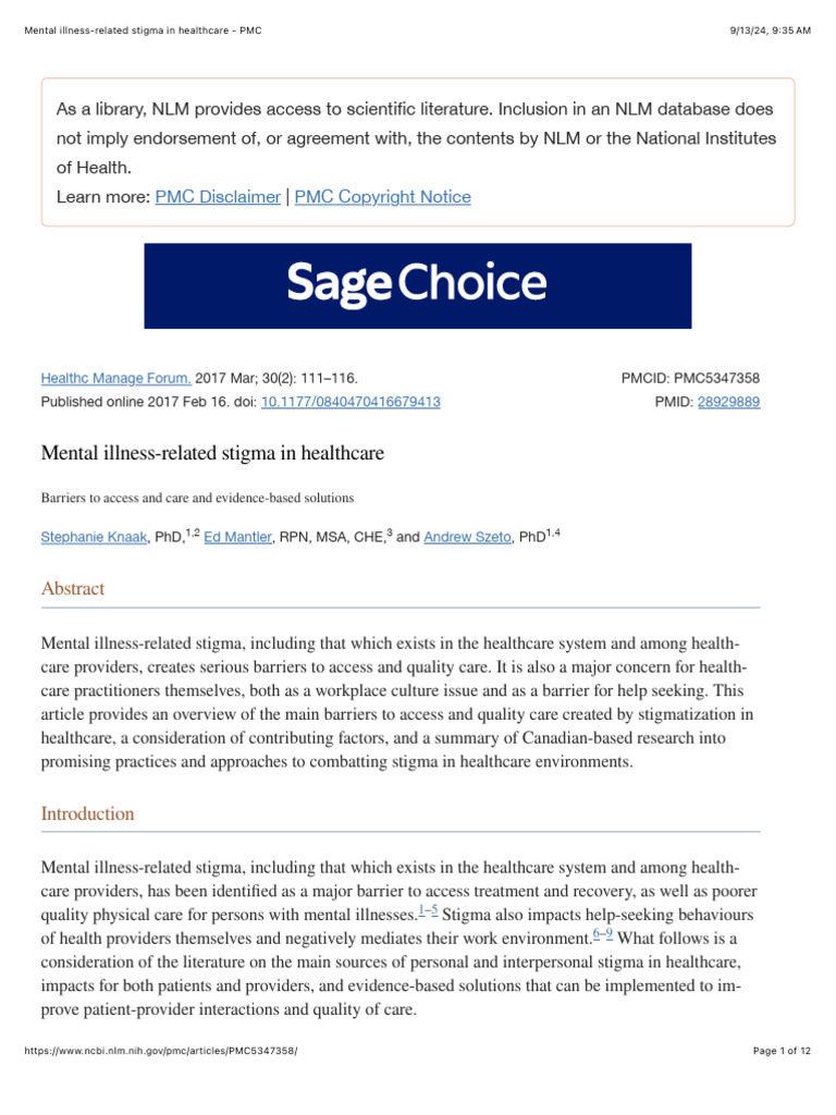 32 - Mental Illness-Related Stigma in Healthcare - PMC | PDF | Social ...