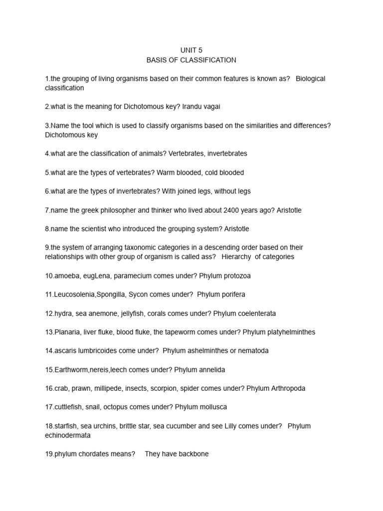 Unit 5 BASIS OF CLASSIFICATION | PDF | Invertebrate | Plants