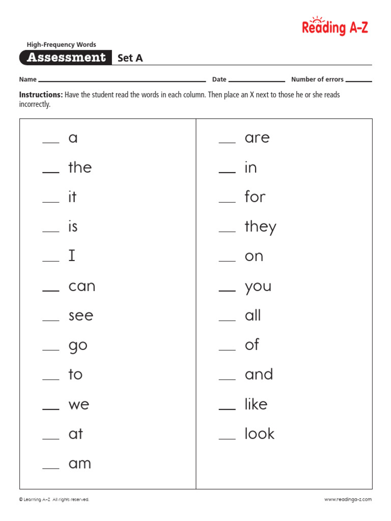 Sight Word Set A - Assessment | PDF