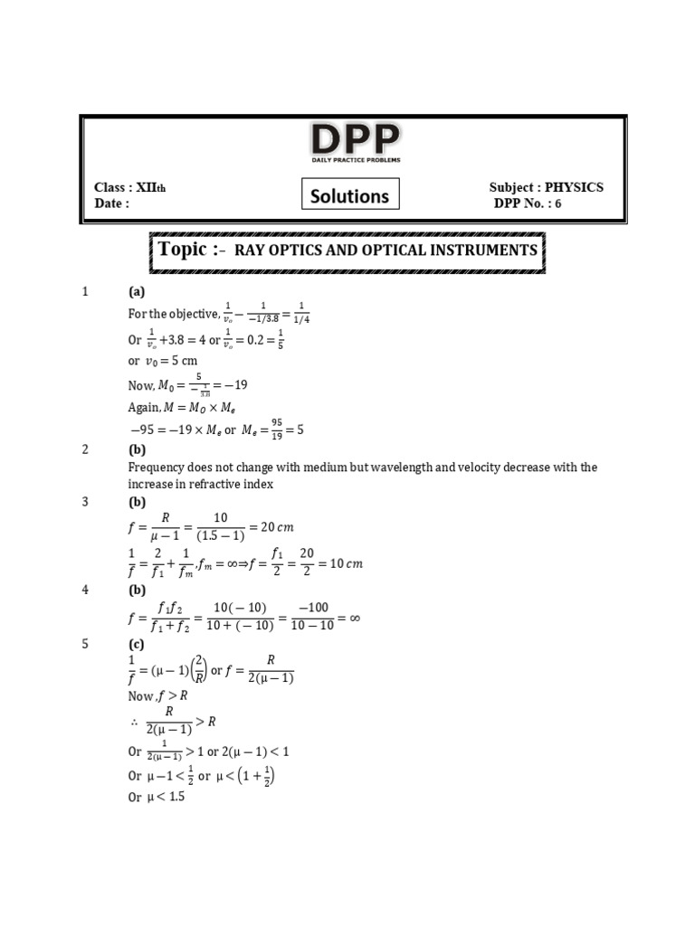 DPP-6 Solution | PDF | Optics | Refraction