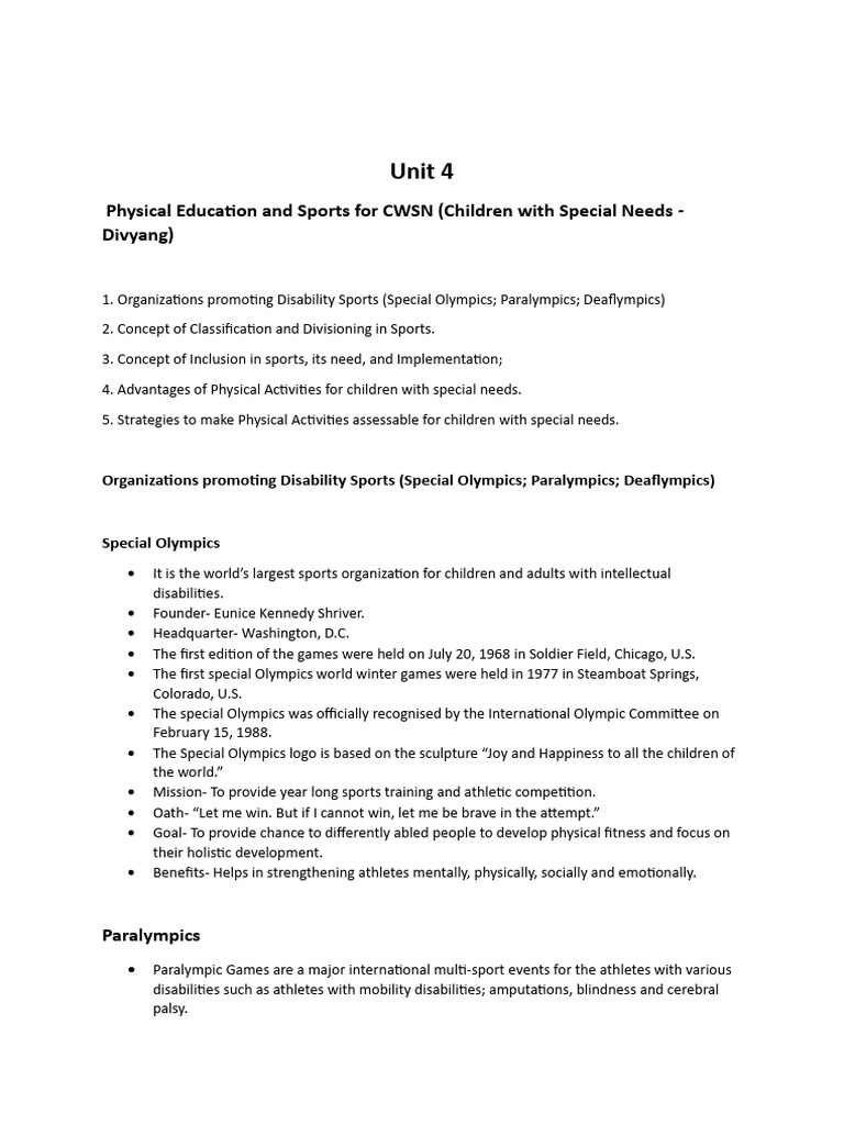 Physical Education Unit-Iv | PDF | Inclusion (Education) | Paralympic Games