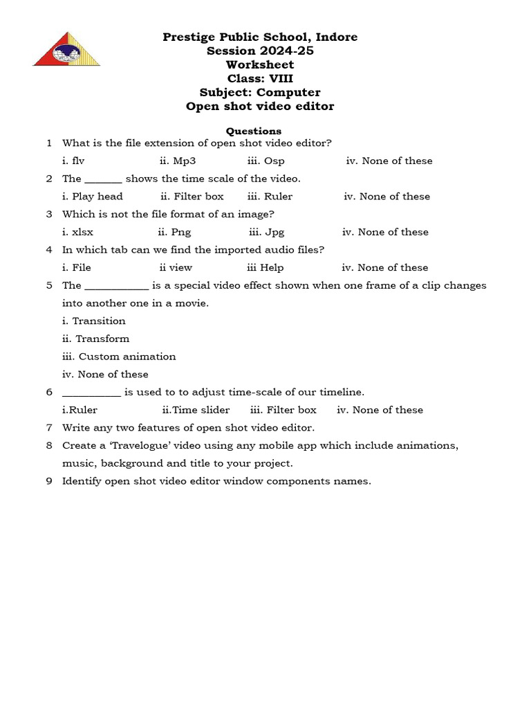 OpenShot Video Editor Worksheet for Class VIII | PDF