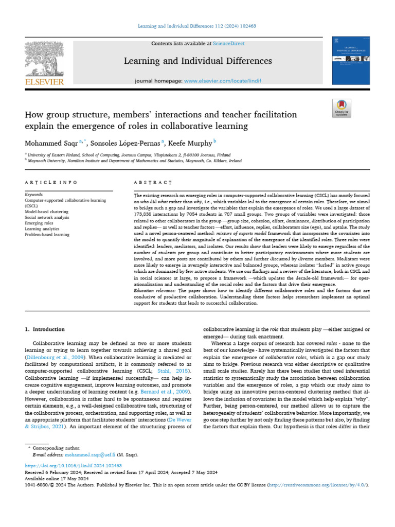 How Group Structure, Members' Interactions and Teacher Facilitation Explain The Emergence of ...