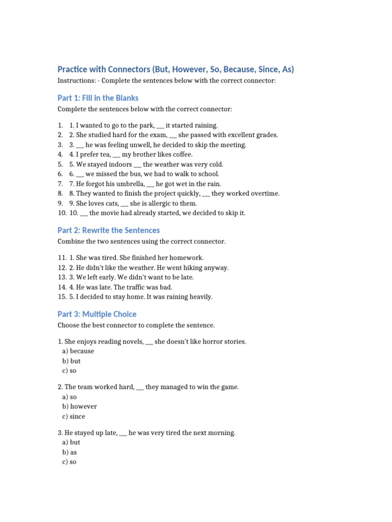 Connectors Worksheet | PDF