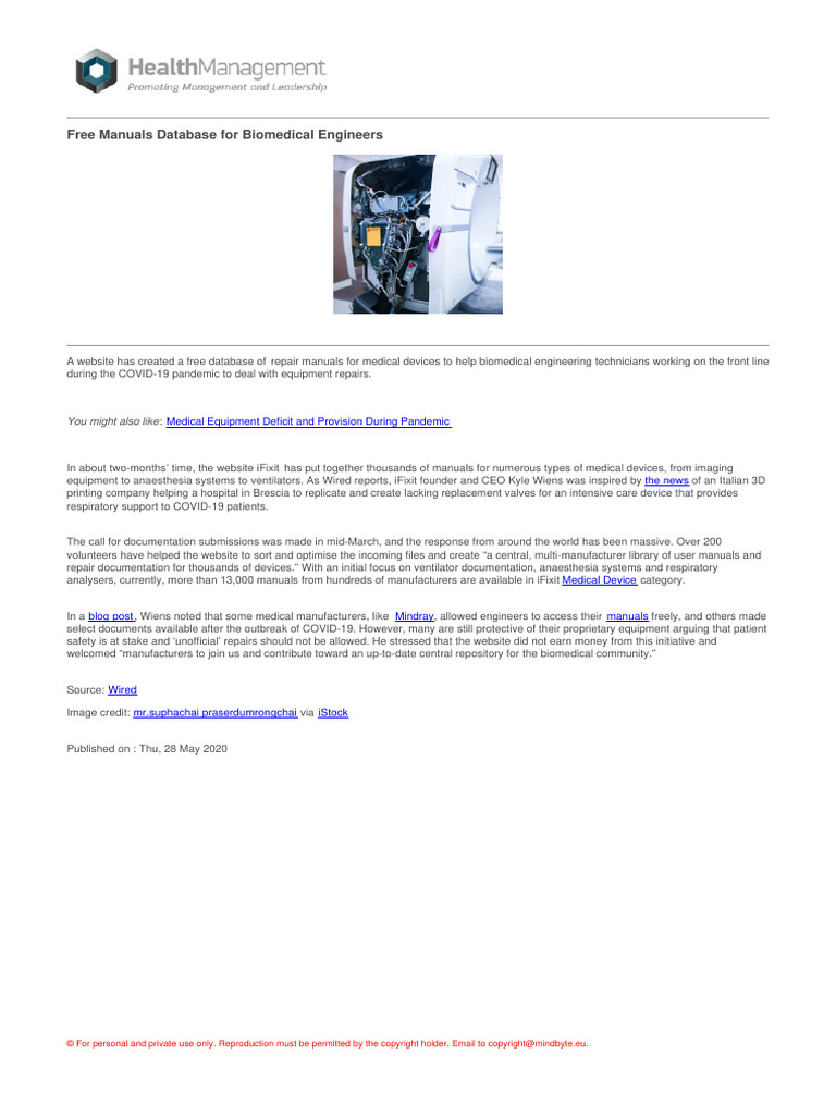 Free Manuals Database For Biomedical Engineers | PDF