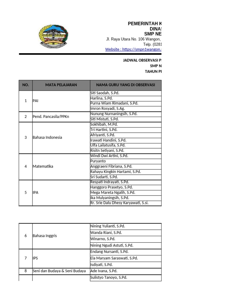 Jadwal Observasi Ks 2023-2024 | PDF