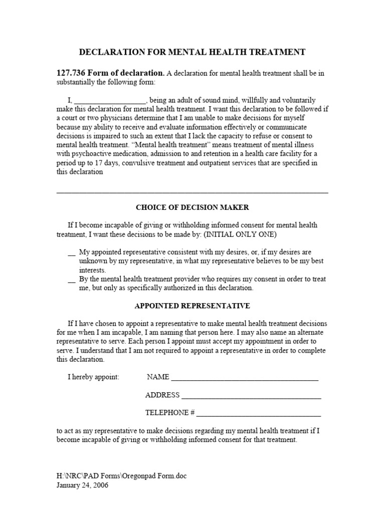 Mental Health Declaration | PDF | Mental Health | Informed Consent