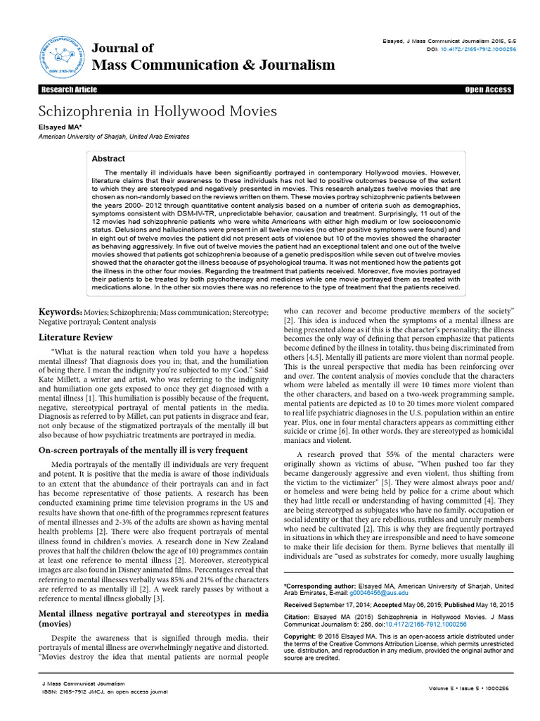 Schizophrenia Portrayal in Hollywood Films | PDF | Mental Disorder ...