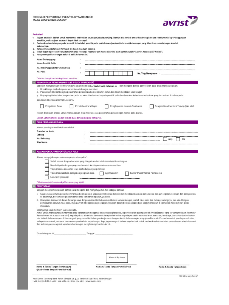 Formulir Surrender Unit Link | PDF