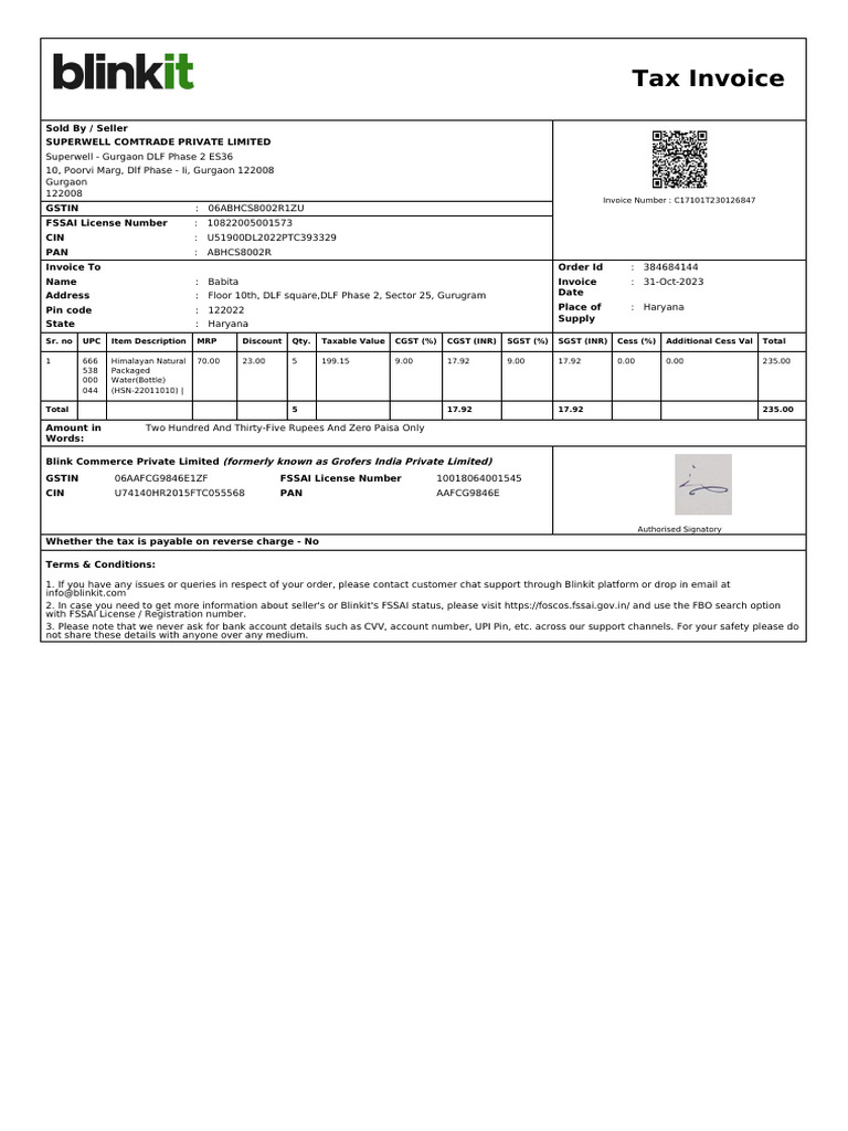 Tax Invoice from Superwell & Blinkit | PDF | Invoice | Payments