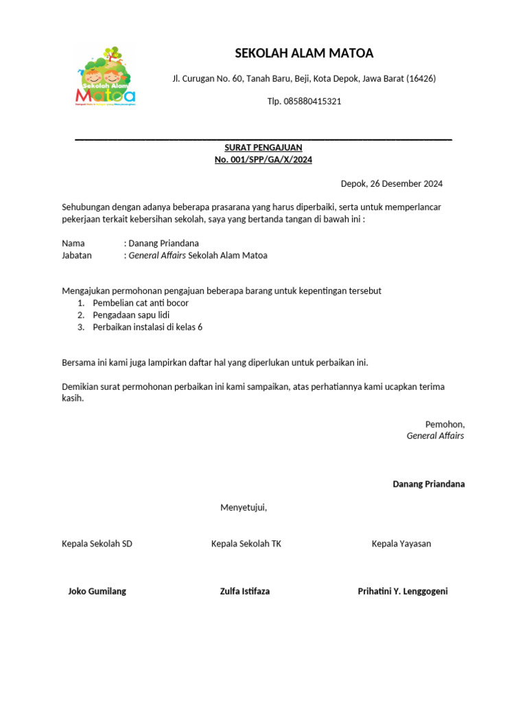 Permohonan Perbaikan Sekolah Alam Matoa | PDF