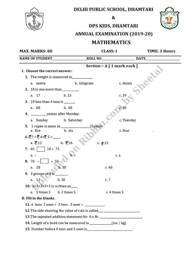 Class 1 Maths Question Paper Annual Exam 2020 Dps Dhamtari | PDF