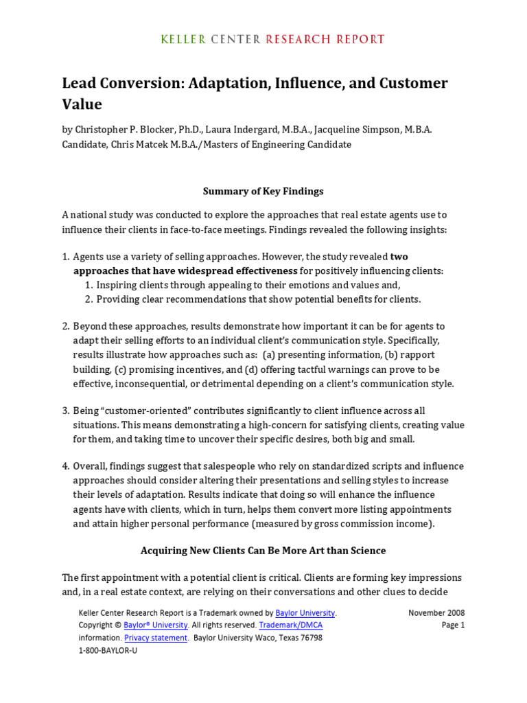 Lead Conversion - Adaptation Influence and Customer Value | PDF | Sales ...