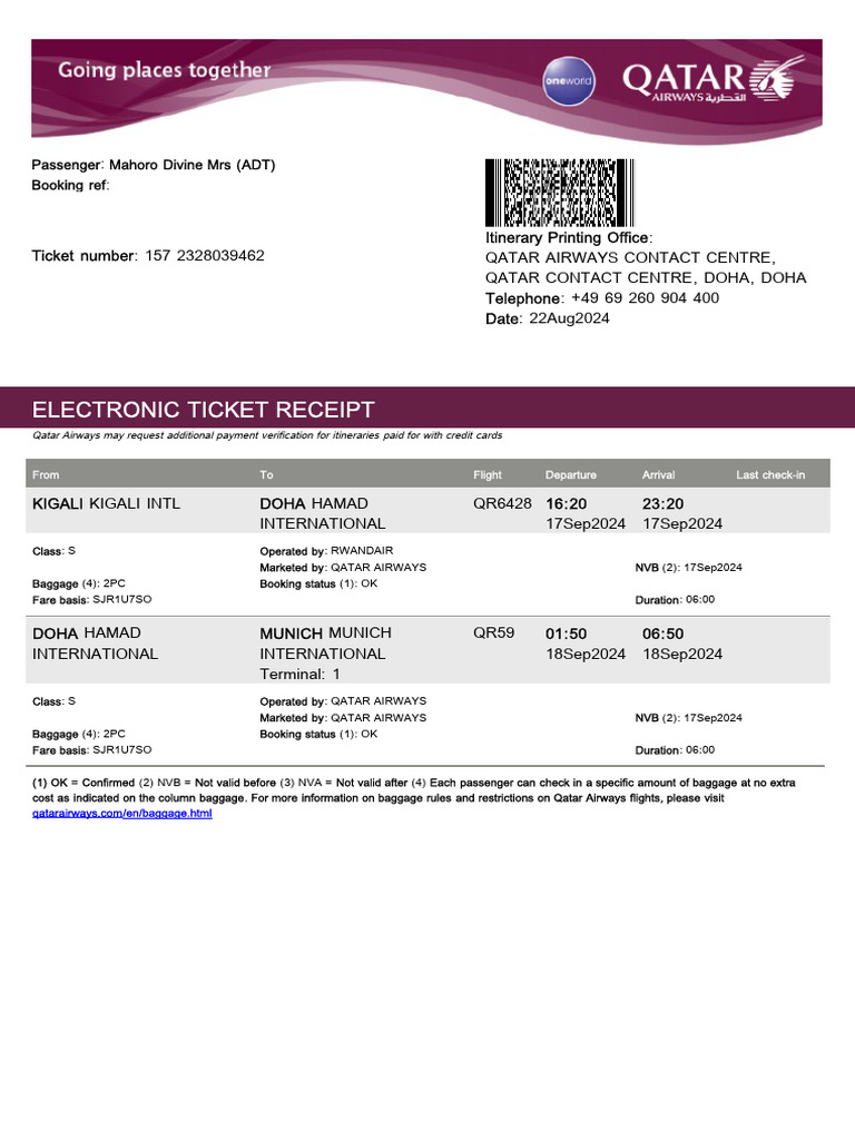 Itinerary for QR6428 Flight | PDF | Payments