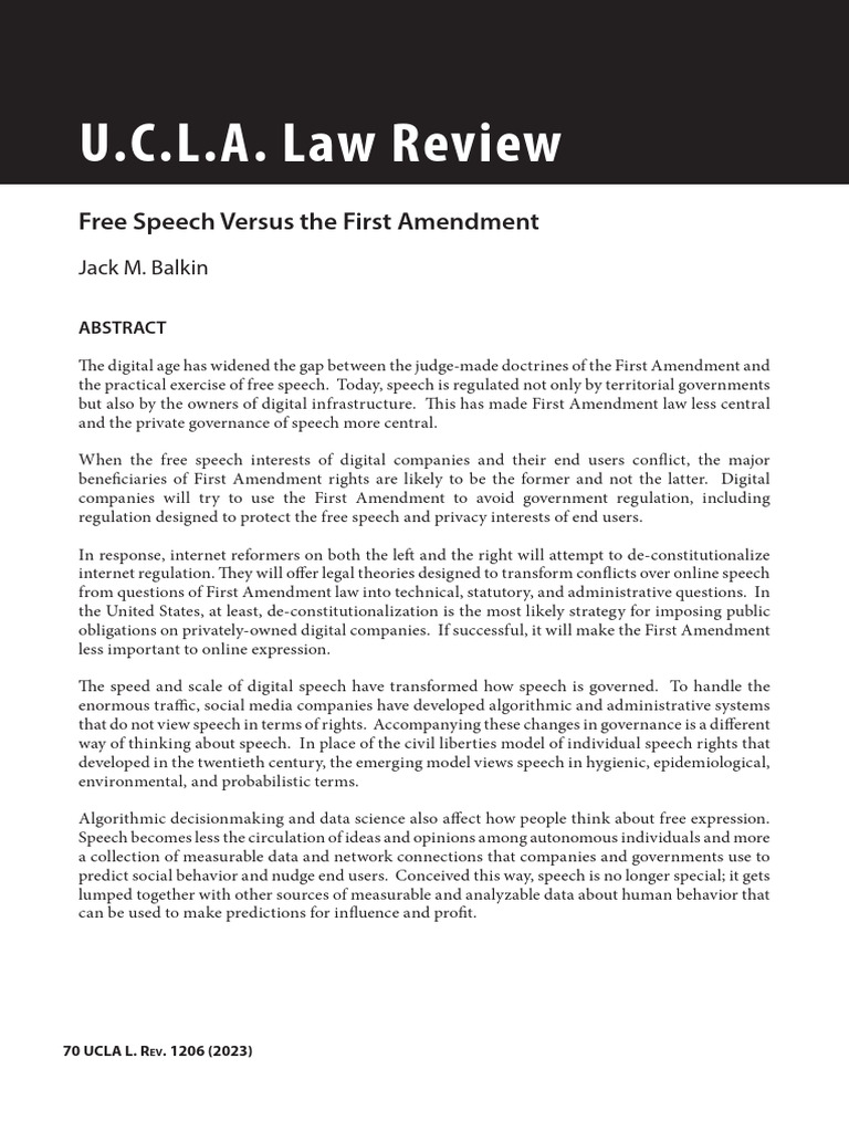 Jack M Balkin - Free Speech Versus The First Amendment - U.C.L.a. Law ...
