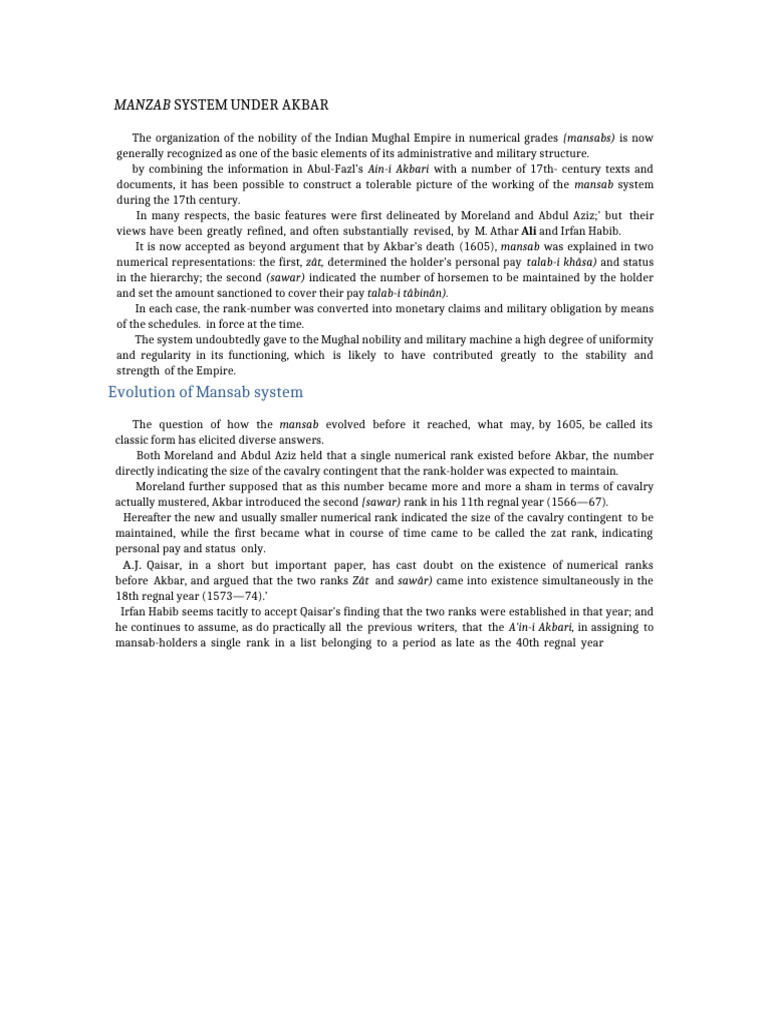 The Evolution of Mansab System Under Akbar | PDF