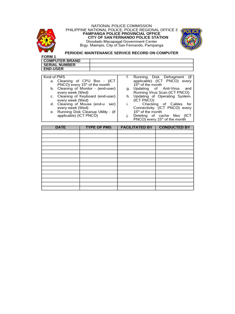 PERIODIC MAINTENANCE SERVICE RECORD ON COMPUTER | PDF