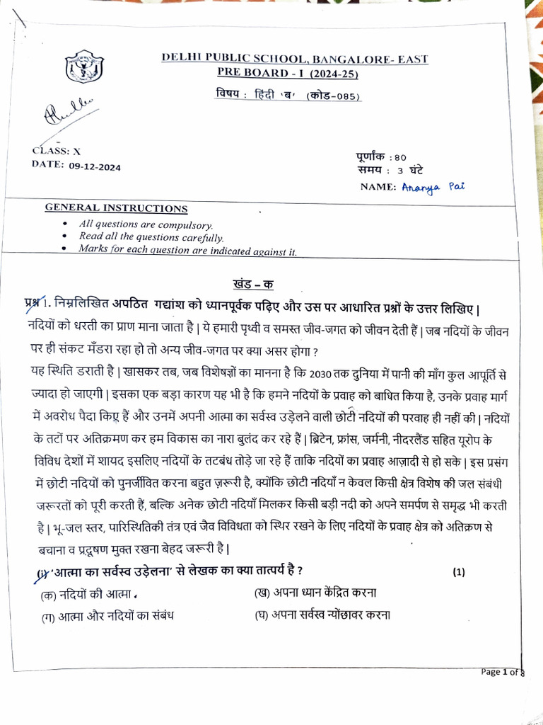 Hindi Pre Board Exam I Guidelines | PDF