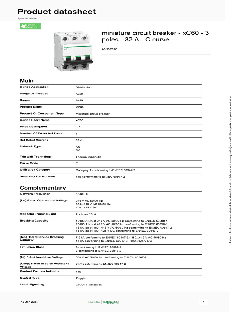 Schneider Electric_Miniature-circuit-breaker-Acti-9-xC60-MCBs_A9N3P32C | PDF | Alternating ...
